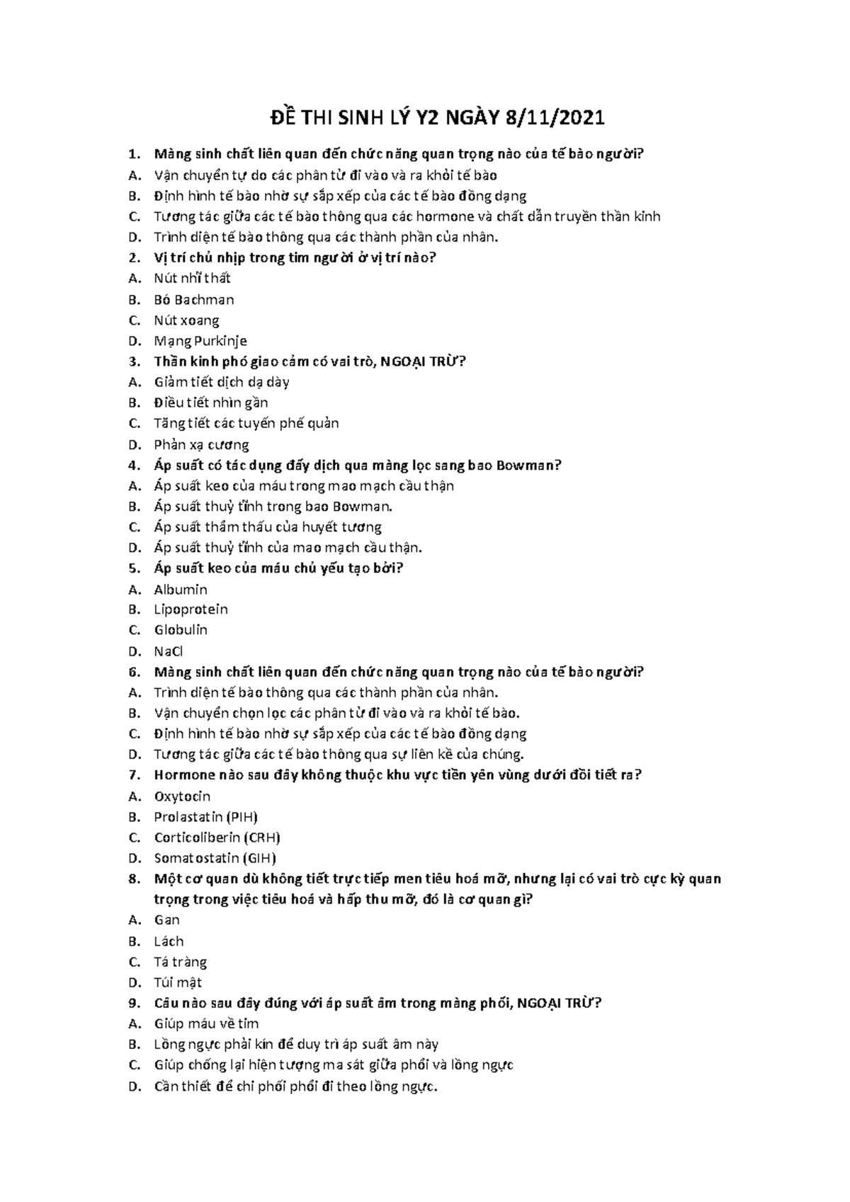 ĐỀ THI SINH LÝ Y2 - NĂM 2020 VÀ ĐÁP ÁN CHI TIẾT - Studocu