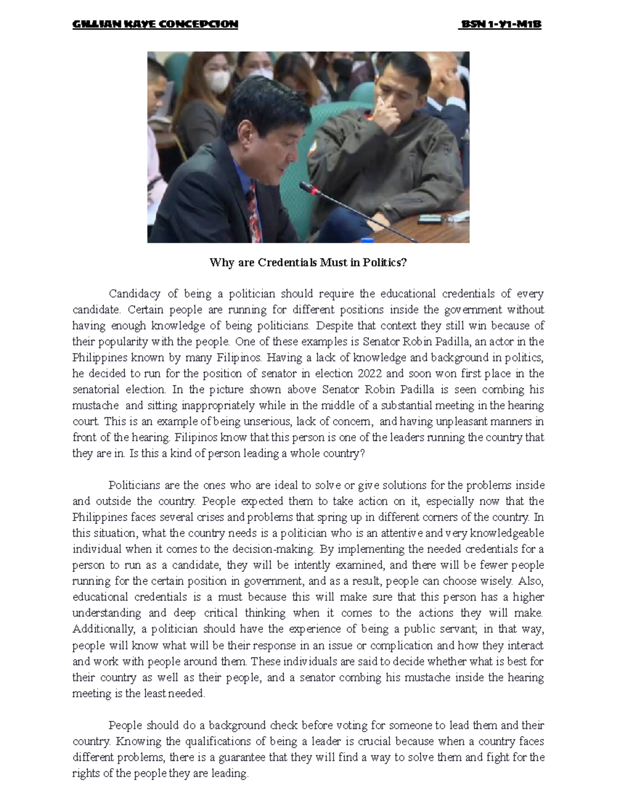 BSN 1-Y1-M1B Essay: Importance of Credentials in Political Candidacy ...