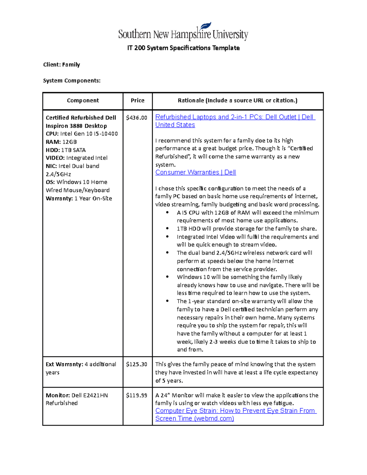 IT200 Module 2-1 Constructing a Computer System - IT 200 System Specifications Template Client ...