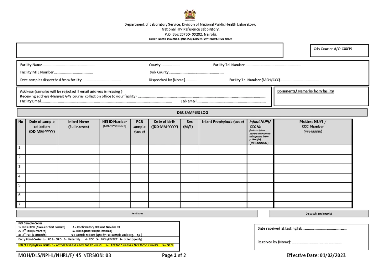 EID Lab Requisition Form for Early Infant Diagnosis - NASCOP - Studocu