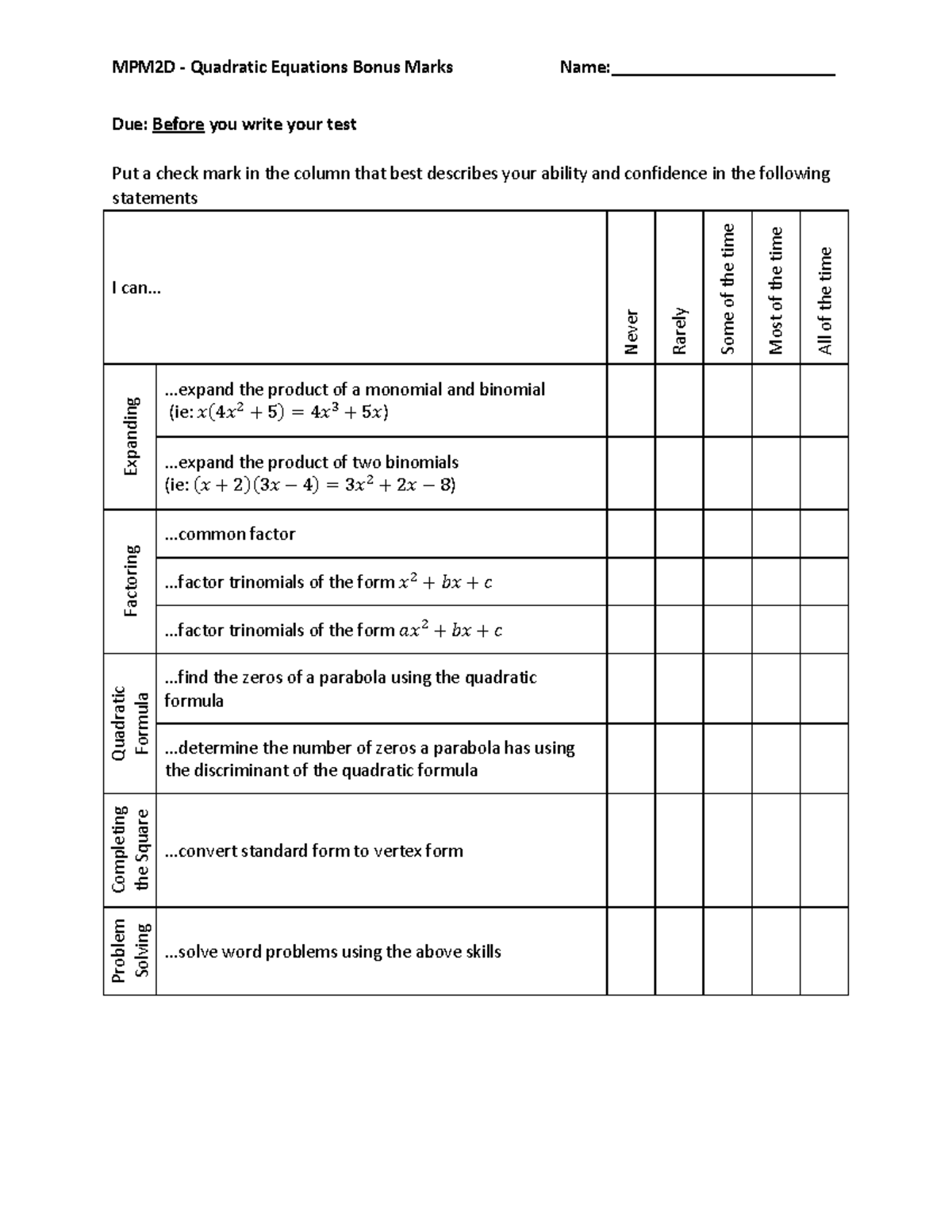 MPM2D - Quadratic Equations Review Checklist for Test Preparation - Studocu
