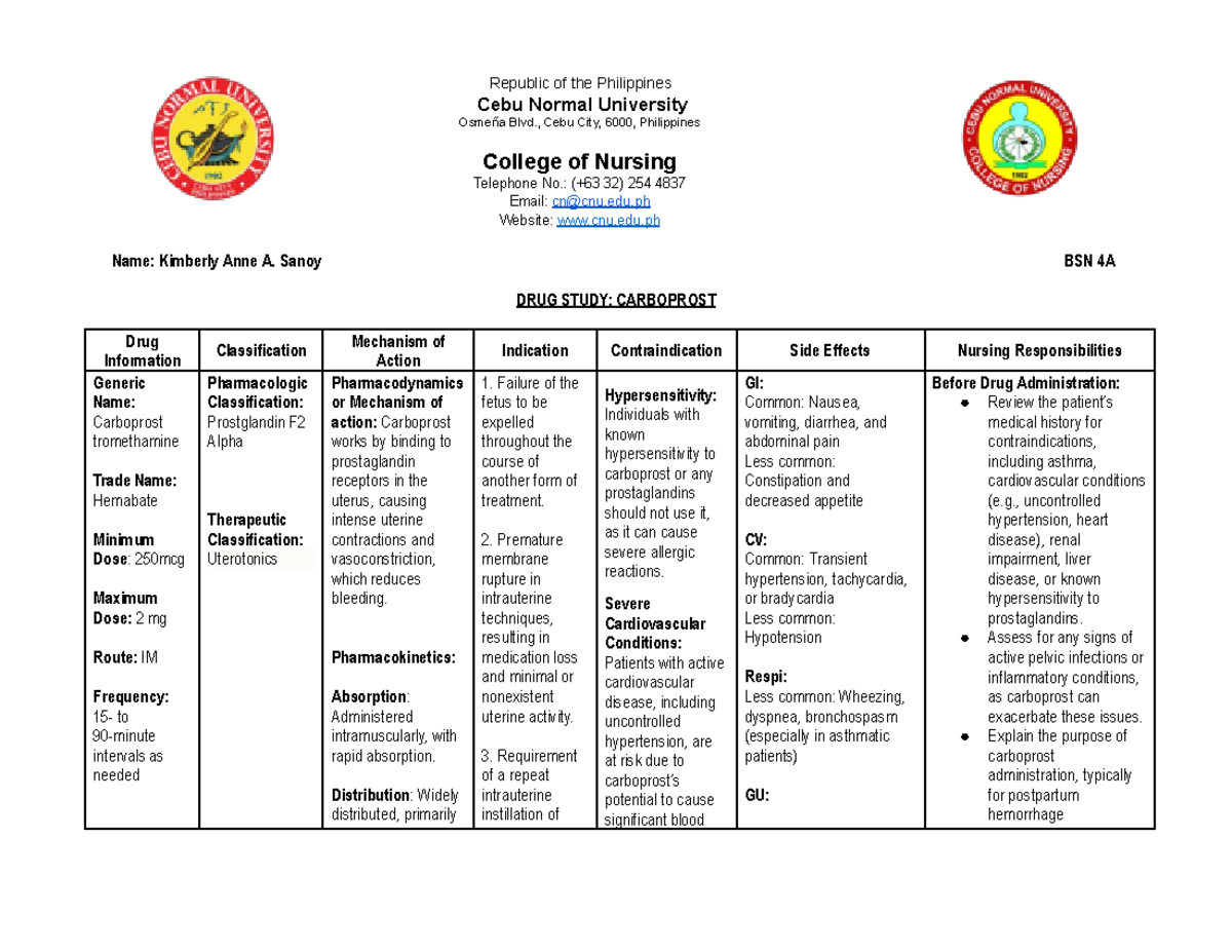DRUG Study on Carboprost: Mechanism & Nursing Responsibilities - Studocu
