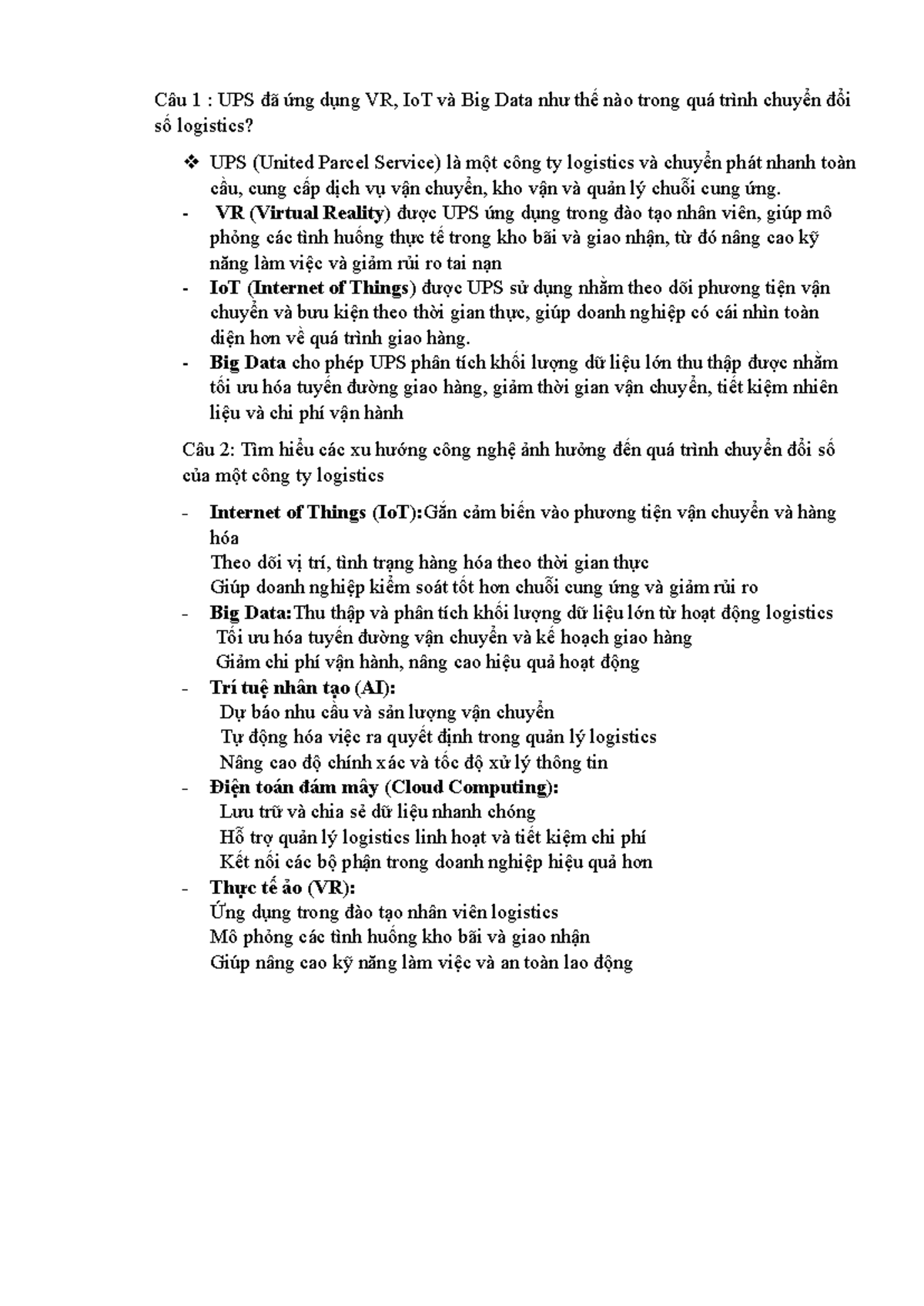 Câu 1: Ứng dụng VR, IoT và Big Data trong chuyển đổi số logistics - Studocu