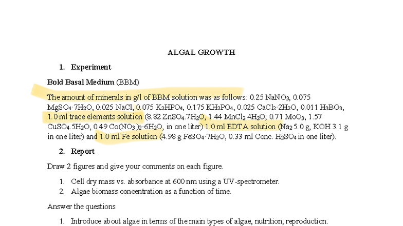 BBM Algal Growth Experiment Report: Factors & Measurements - Studocu