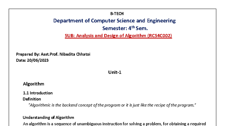 UNIT-1 Design and Analysis of Algorithm - B-TECH “Computer” Department of Computer Science and ...