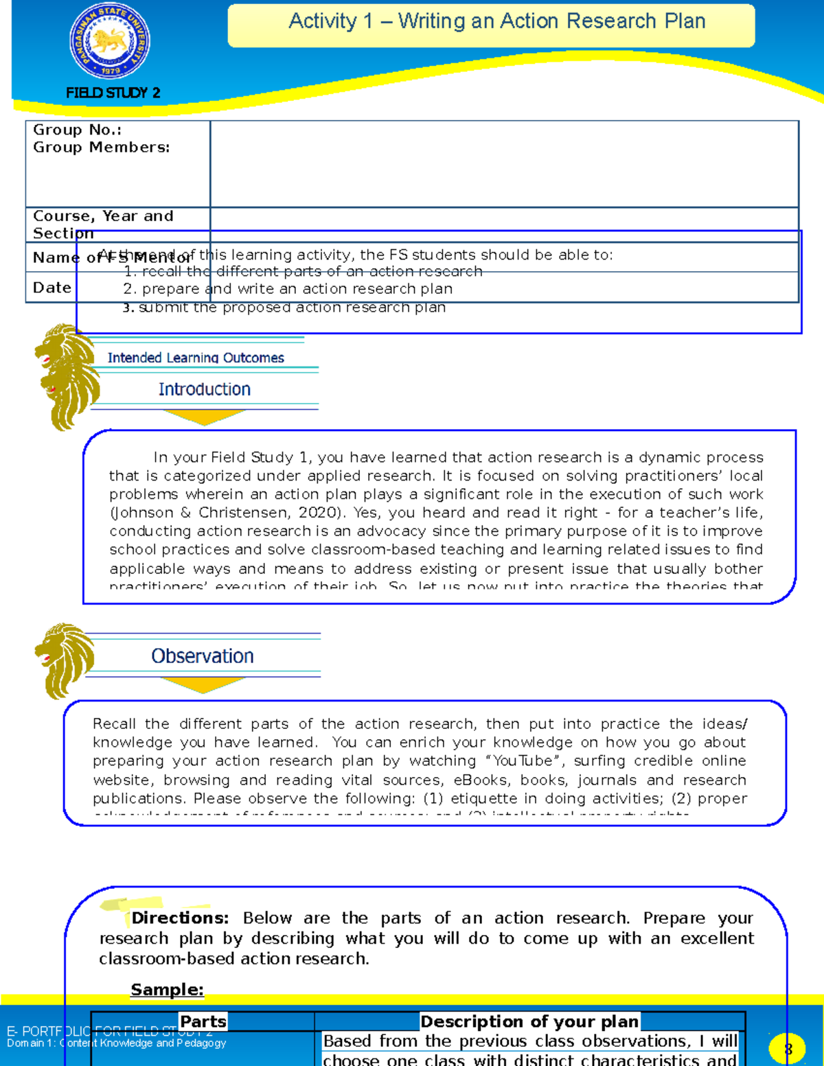FS 2 Activity 1 - Action Research Plan E-Portfolio Guide - Studocu
