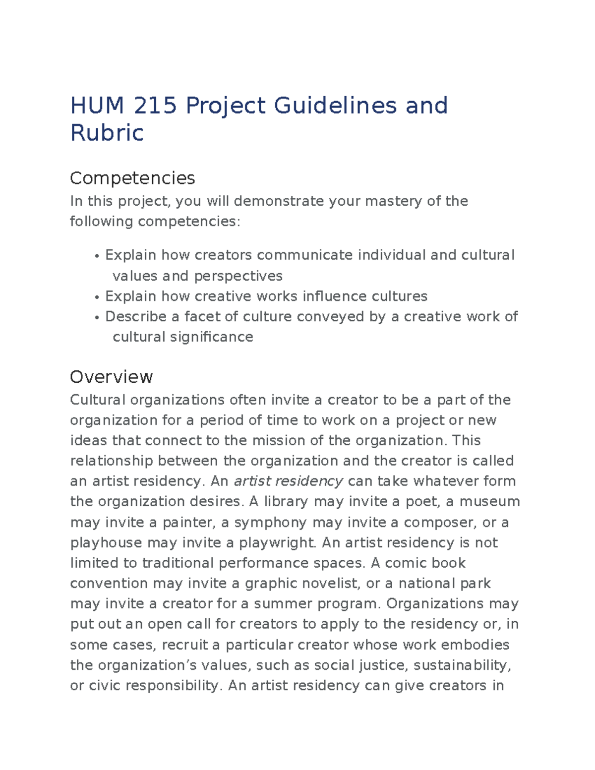 HUM 215 Artist Residency Project Guidelines and Rubric - Studocu