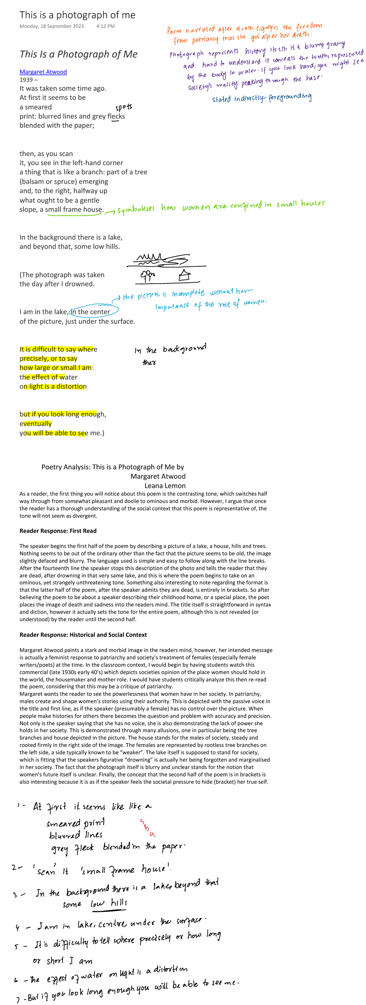 Poetry Analysis: "This Is a Photograph of Me" by Margaret Atwood - Studocu