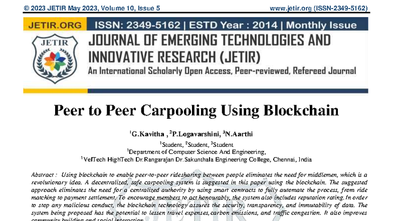 Jetir 2305980 - hi hello - Peer to Peer Carpooling Using Blockchain 1 G ...