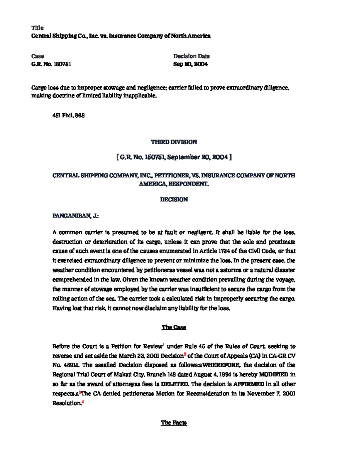G.R. No. 150751 - Central Shipping Co. vs. Insurance Co. of North ...