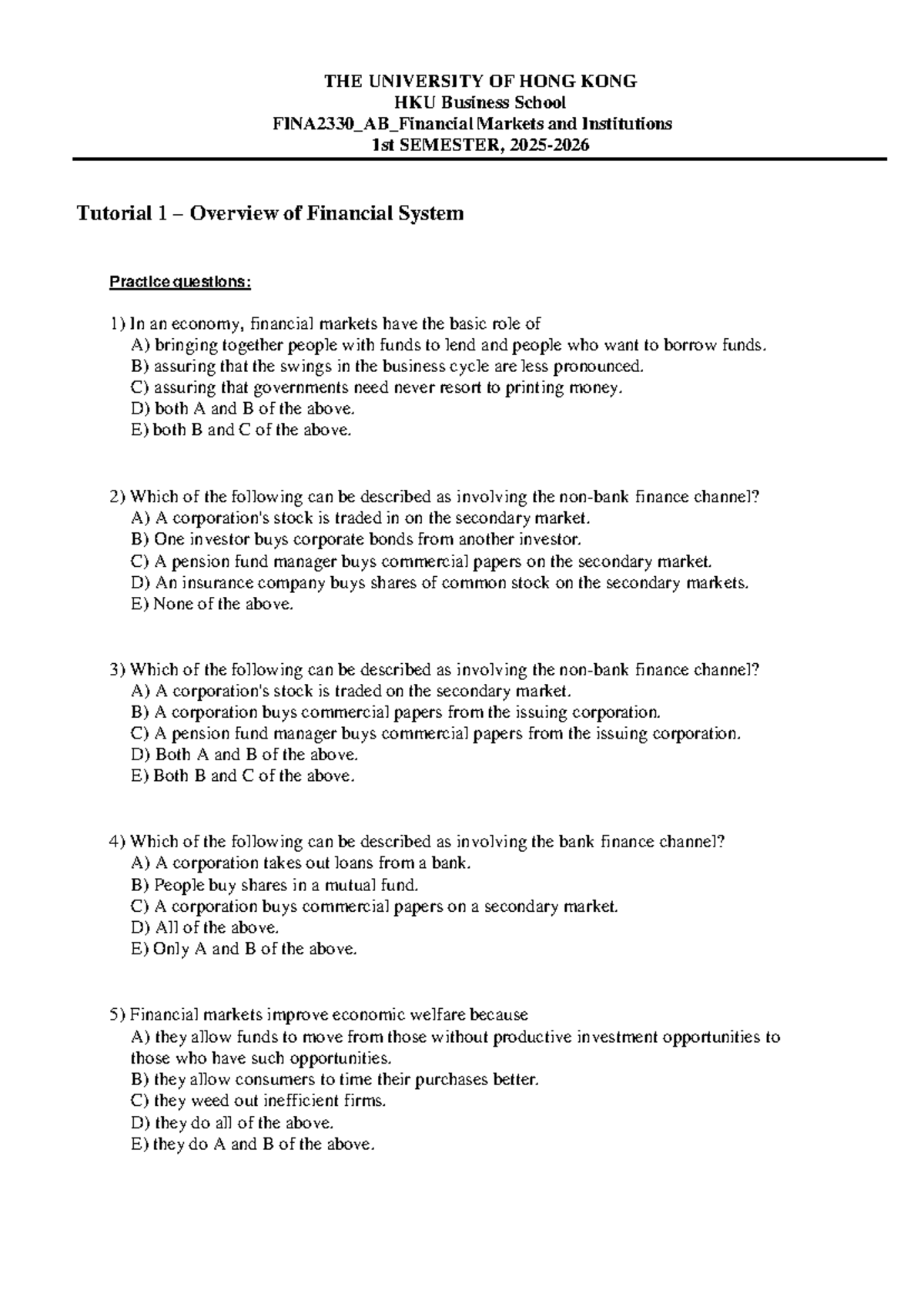 FINA2330_AB_Tutorial 1 Practice Questions on Financial Markets - Studocu