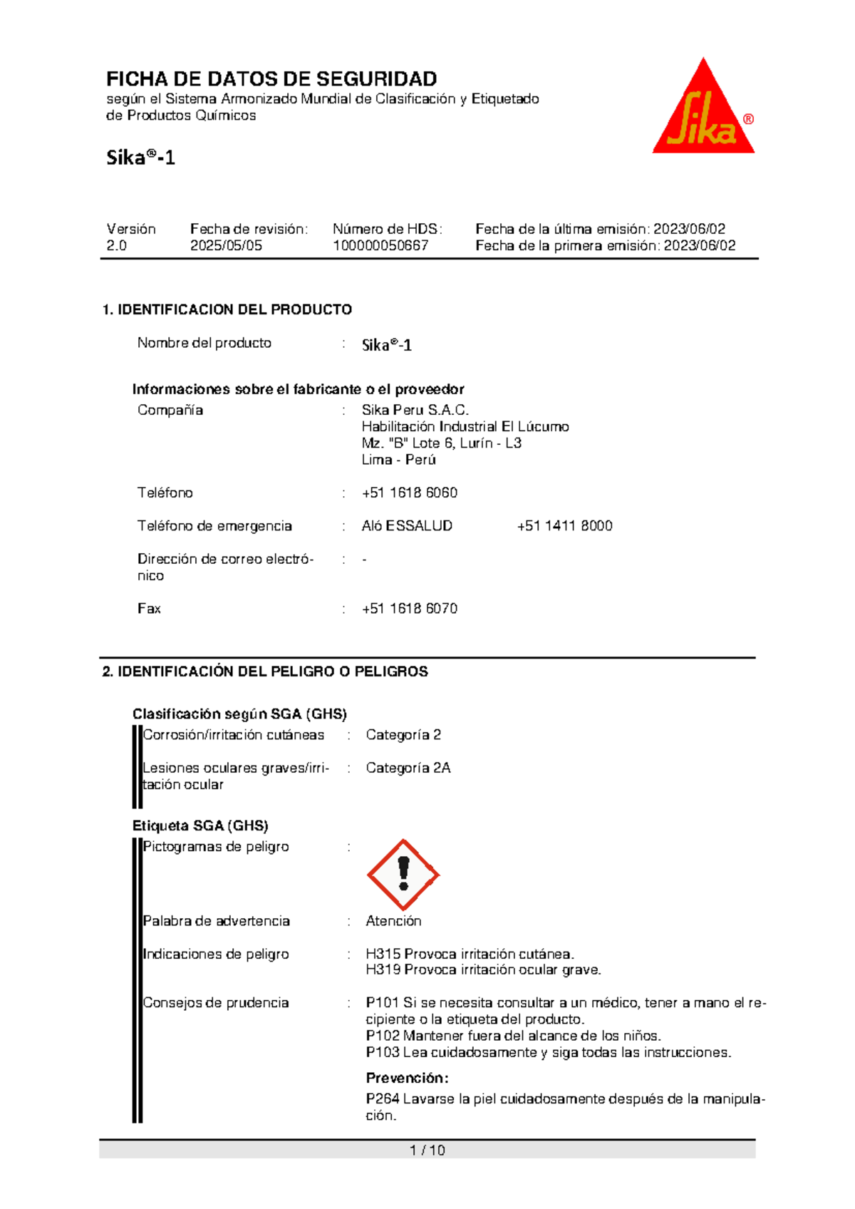 HS - Sika 1 - Ficha de Datos de Seguridad de Productos Químicos - Studocu
