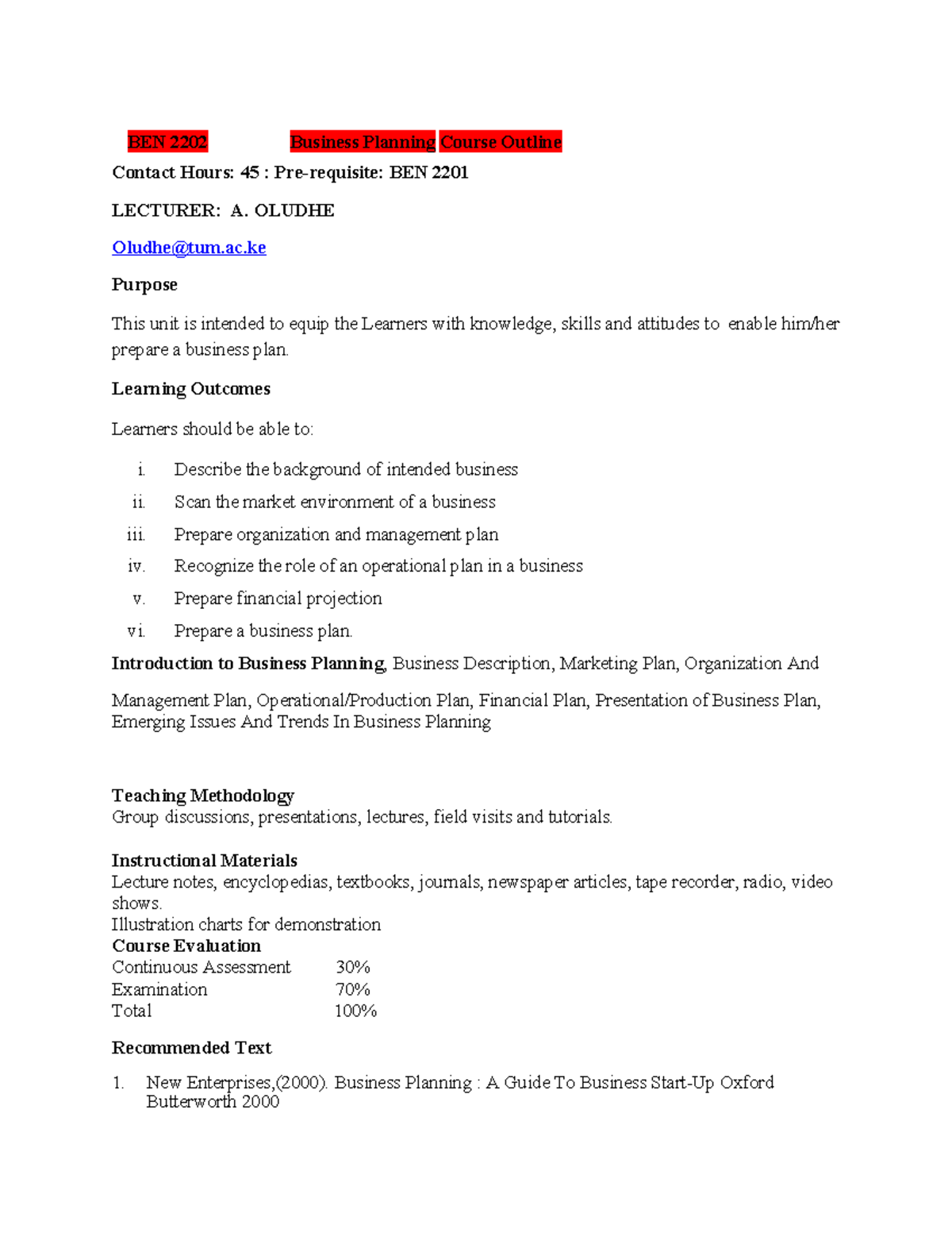 BUSINESS PLAN Outline for BEN 2202: Key Learning Outcomes - Studocu