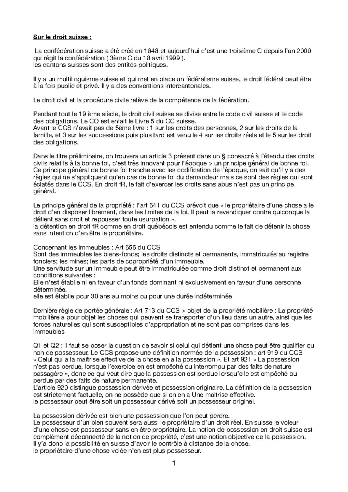 Droit suisse : Analyse des principes du Code Civil (CC) - CM L3 - Studocu
