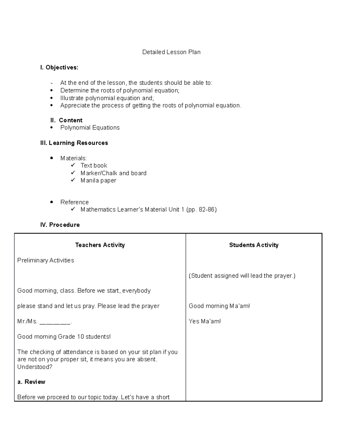 Lesson Plan on Polynomial Equations: Grade 10 Math Concepts - Studocu