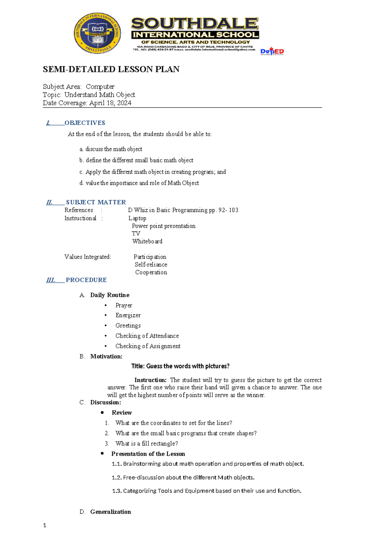 Semi-Detailed Lesson Plan: Understanding Math Objects in Computer ...