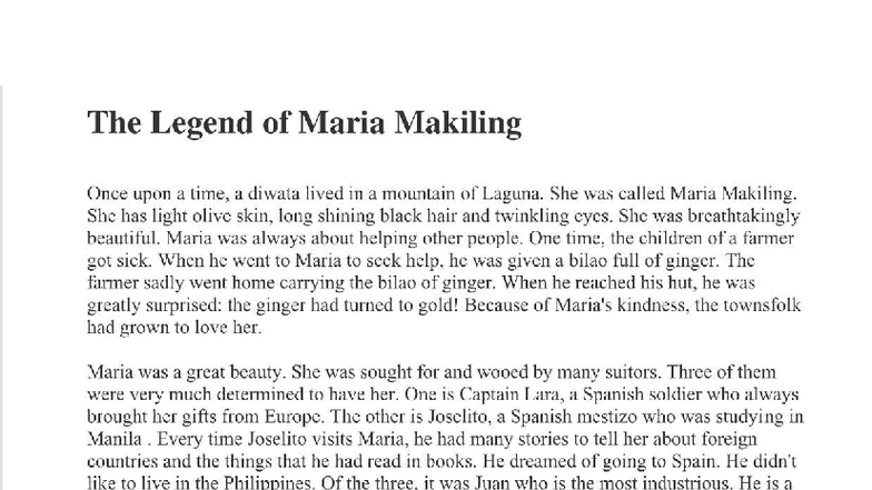 The Legend of Maria Makiling: A Tale of Love and Sacrifice - Studocu