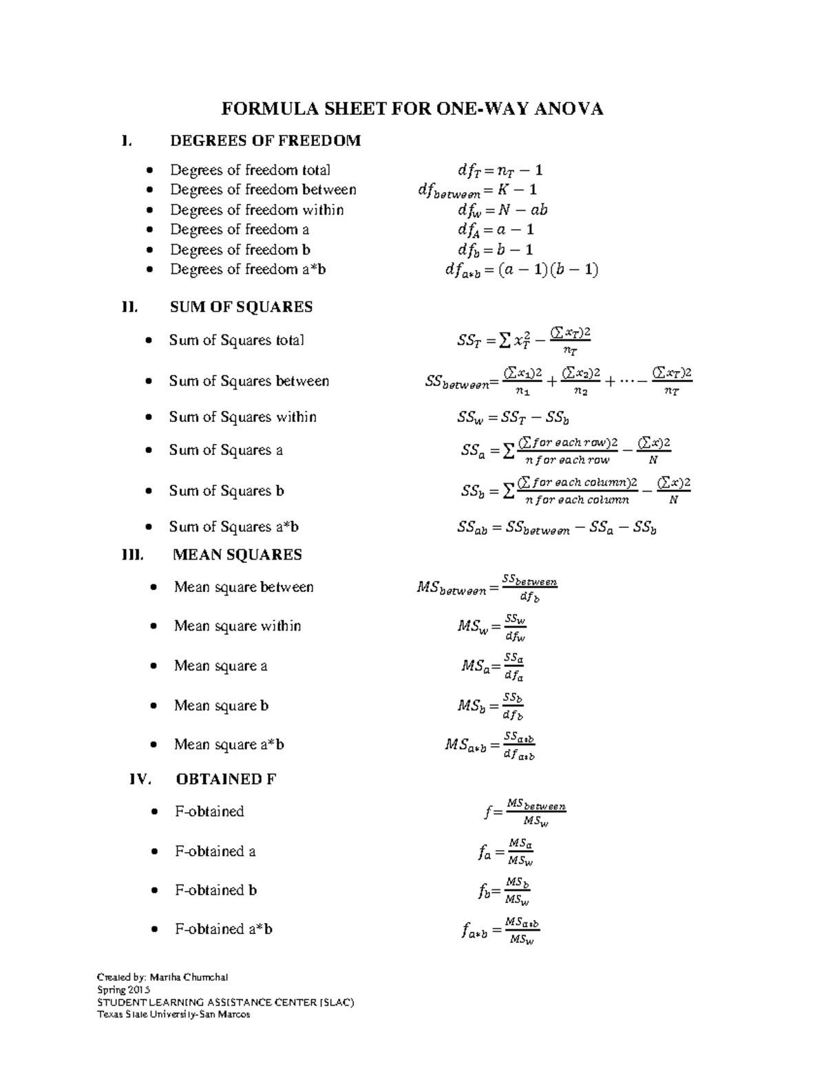 Formula Sheet for two-way Anova - Created by: Martha Chumchal Spring 2015 STUDENT LEARNING - Studocu