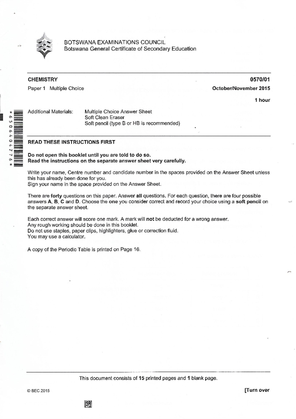 CHEM 2015 GCE Botswana Paper 1 Multiple Choice Exam - Studocu