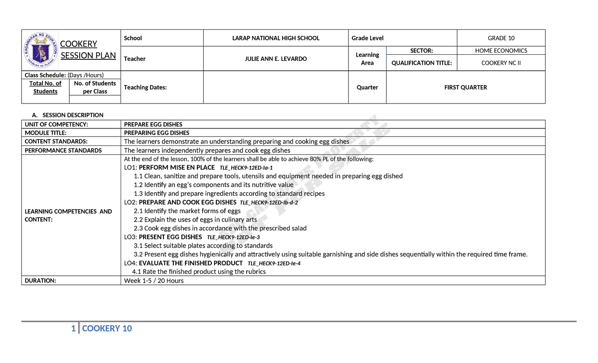 COOKERY NC II SESSION PLAN: EGG, VEGETABLE, AND SEAFOOD DISHES - Studocu