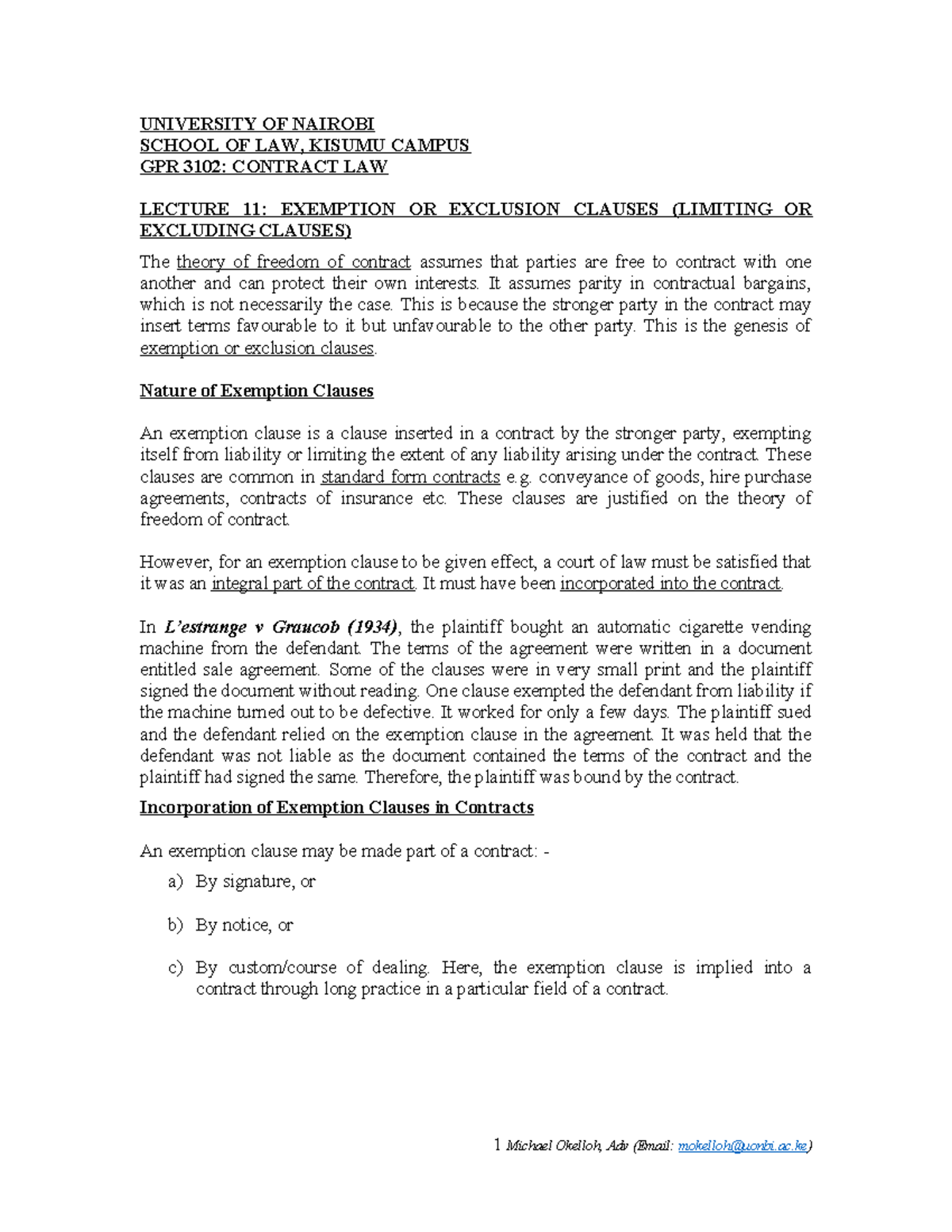 GPR 3102: Contract Law Lecture 11 - Exemption Clauses Explained - Studocu