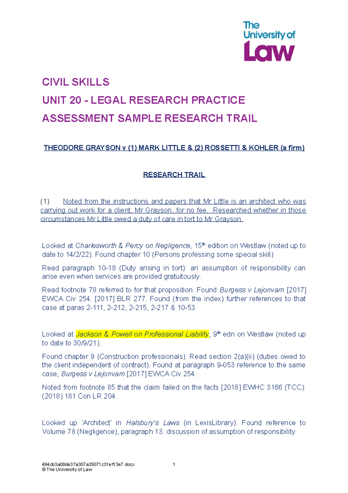 Legal Research Practice Sample Case Study - CIVIL UNIT 20 - Studocu
