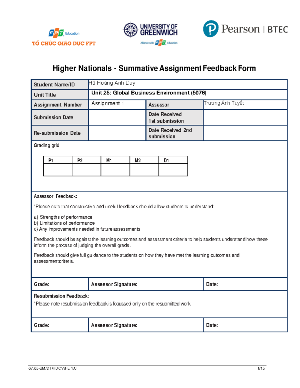 5076 asm1 - 5076 asm1 - 07. 03 - BM/ĐT/HDCV/FE 1/0 1 / 15 Higher Nationals - Summative ...
