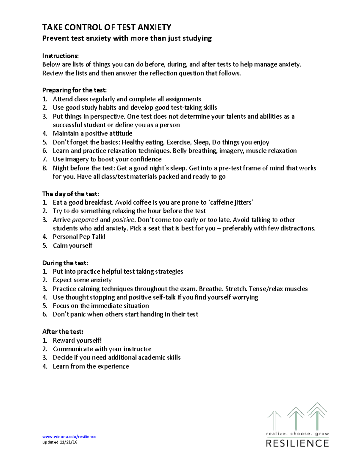 TAKE CONTROL OF TEST ANXIETY: Strategies for Success - Studocu