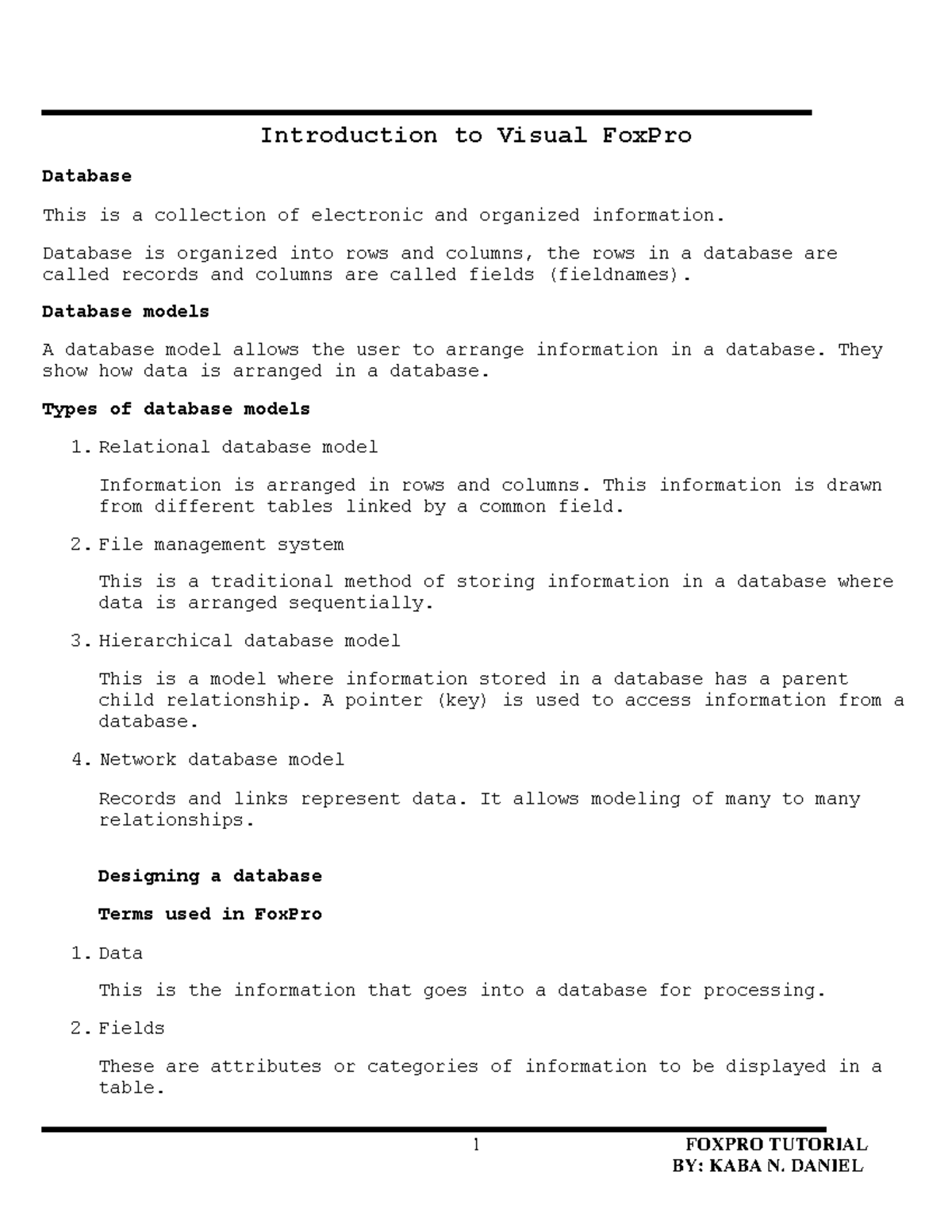 Foxpro Tutorial Lectures Notes Introduction To Visual Foxpro