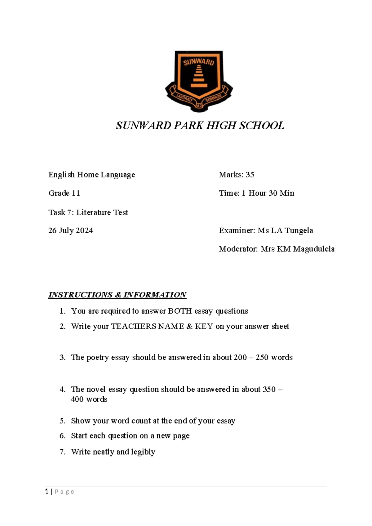 Grade 11 English HL Literature Test (Term 3, 2024) - Studocu