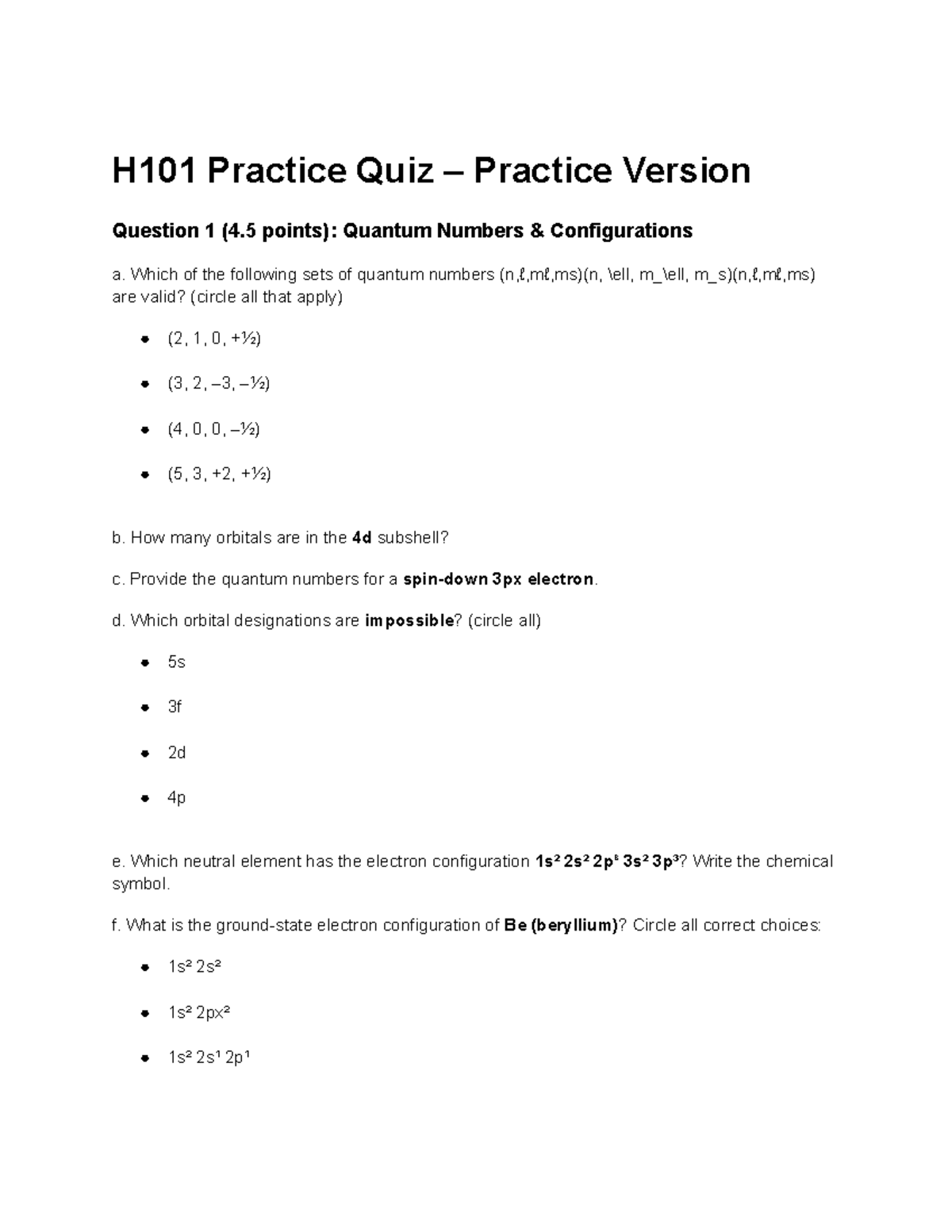 H101 Practice Quiz: Quantum Numbers and Electron Configurations - Studocu