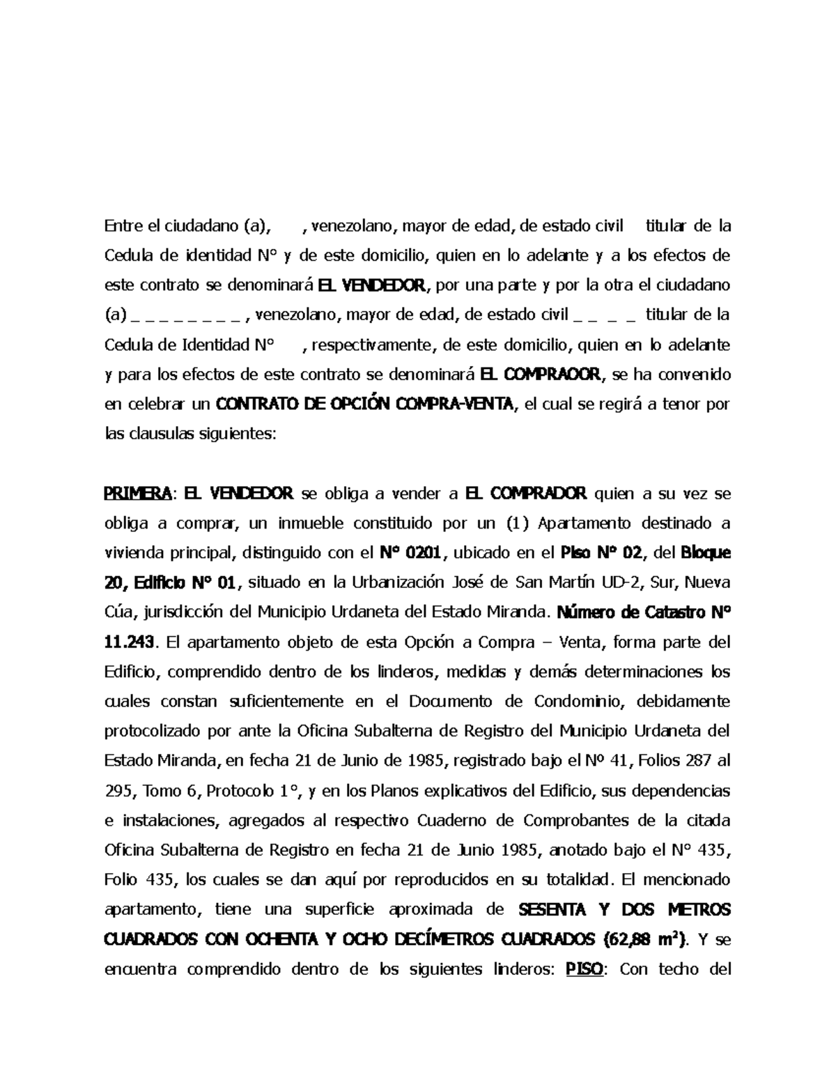 Contrato Opción Compra Venta de Inmueble en Nueva Cúa - Studocu