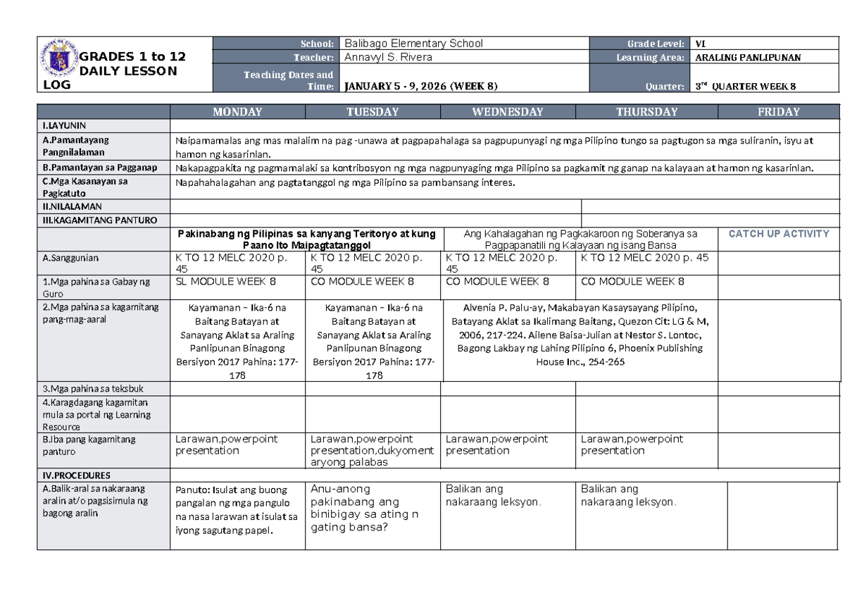 DLL Araling Panlipunan 6: Week 8 Daily Lesson Plan - Studocu