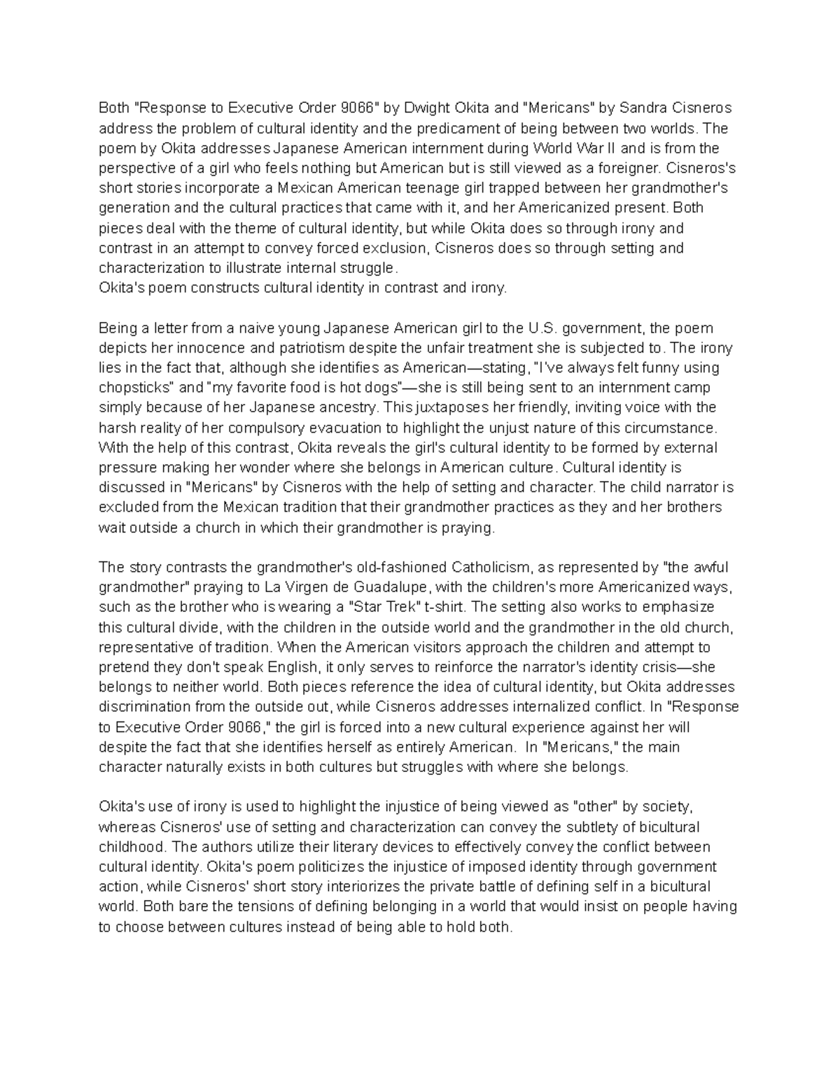 Cultural Identity Analysis: Okita's & Cisneros' Works (English 11 ...