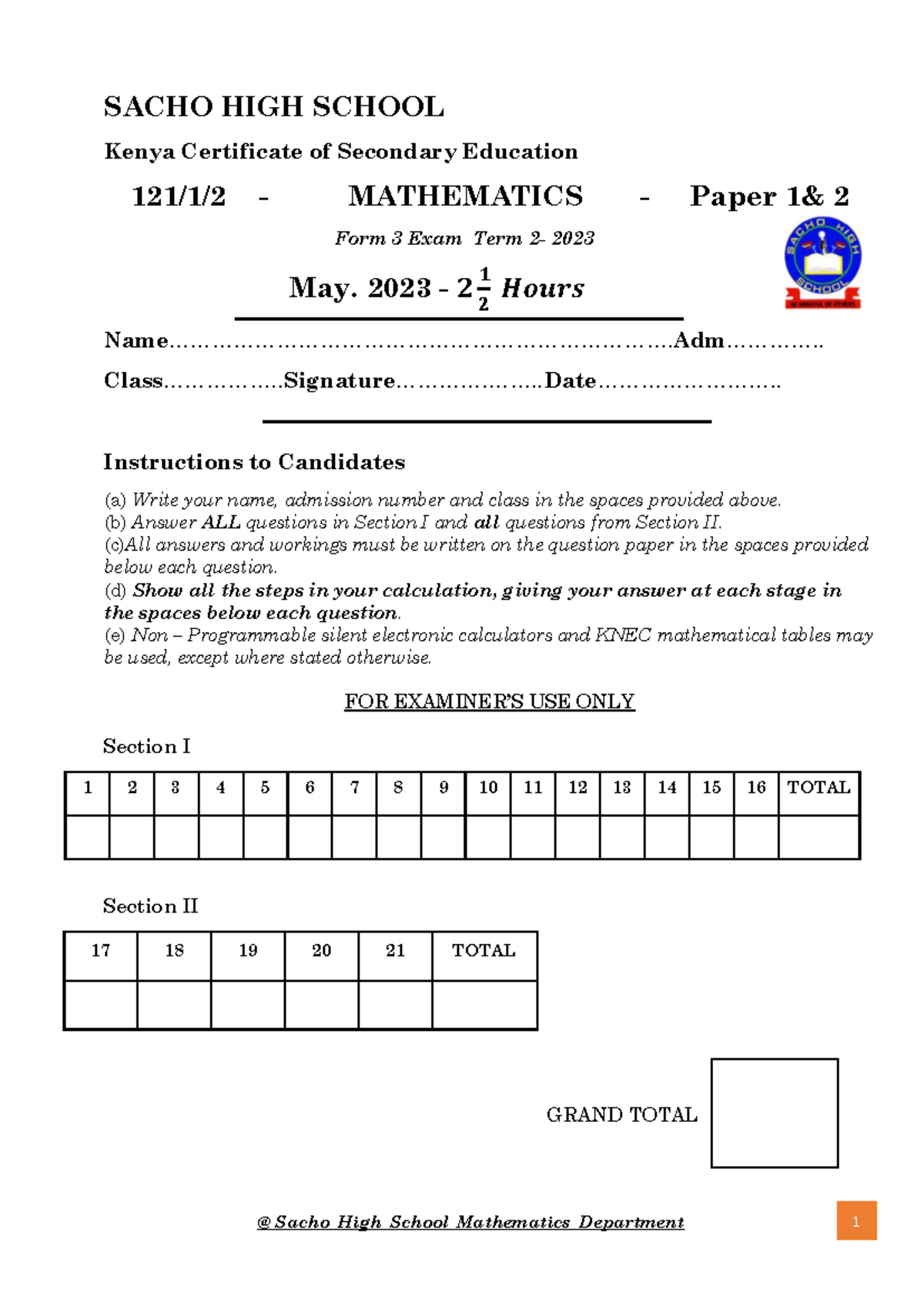 SACHO HIGH SCHOOL KCSE MATHEMATICS Paper 2 Form 3 Special Exam 2023 ...