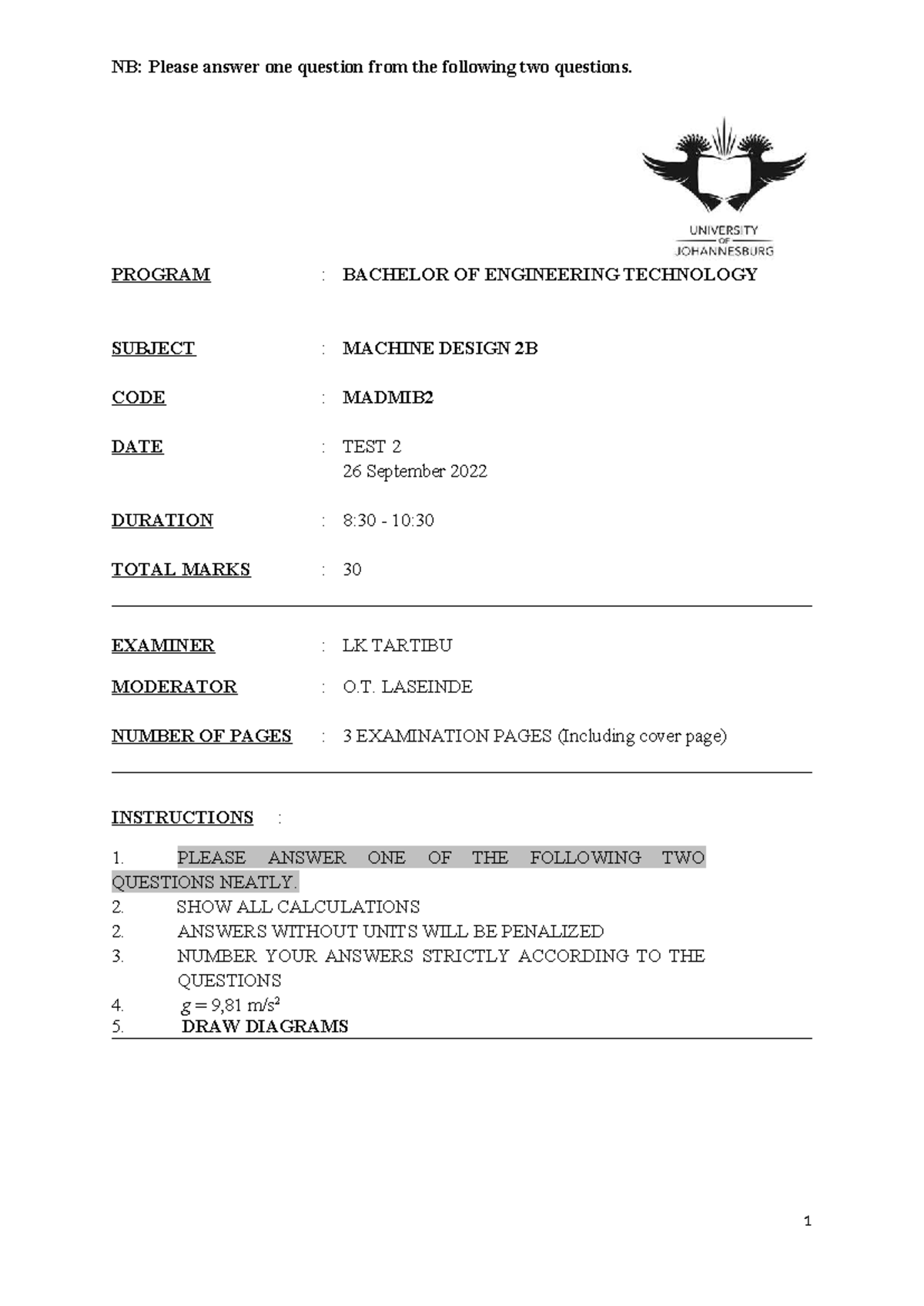 Test 2 MADMIB2: Machine Design 2B - September 2022 Exam Questions - Studocu