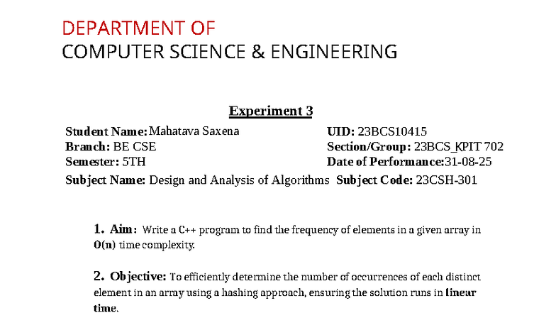 DAA1 - Design and Analysis of Algorithms Experiments 1-9 - Studocu
