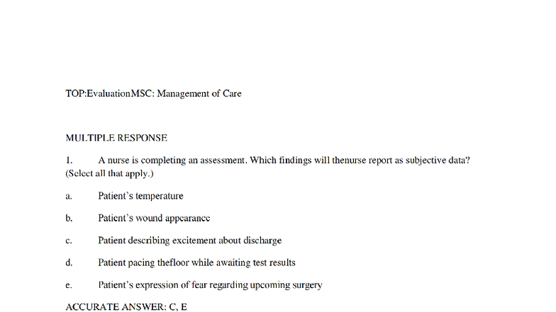 TOP: Evaluation MSC: Management of Care - Subjective Data Assessment - Studocu