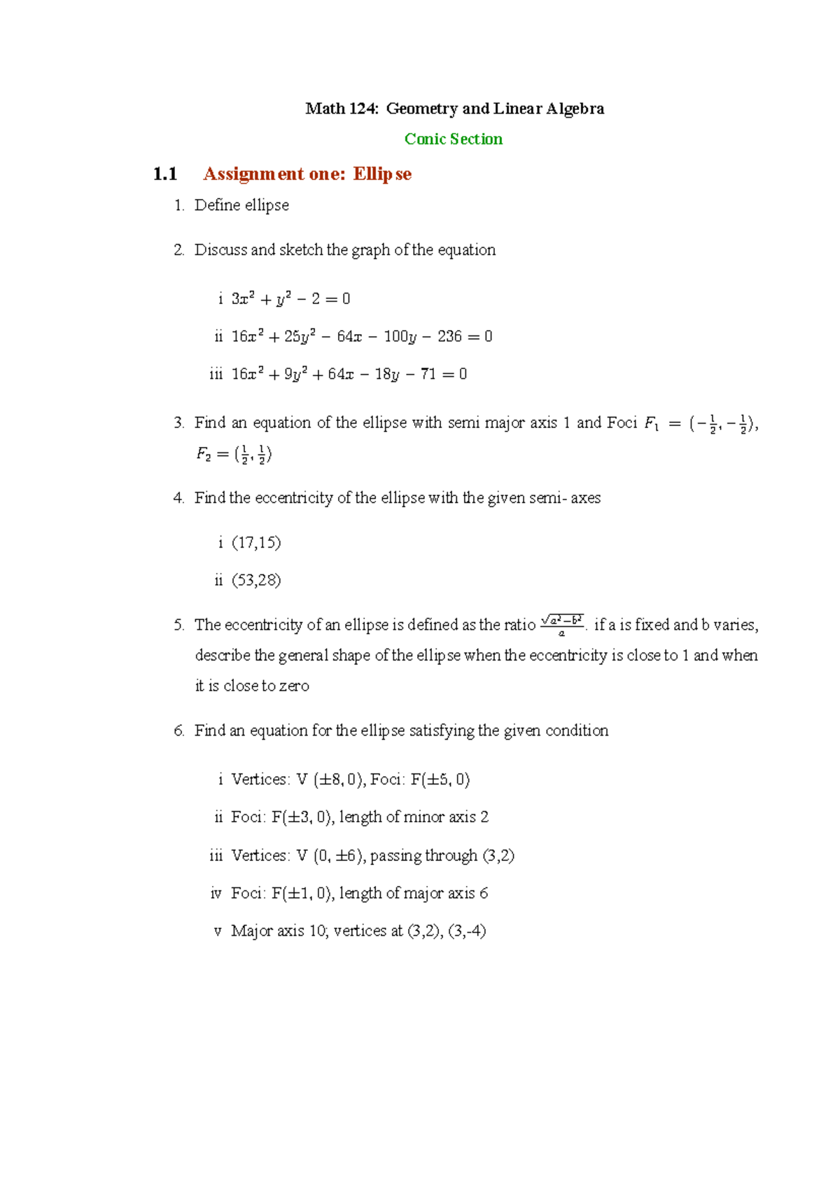 Math 124: Assignment on Ellipses in Geometry & Linear Algebra - Studocu