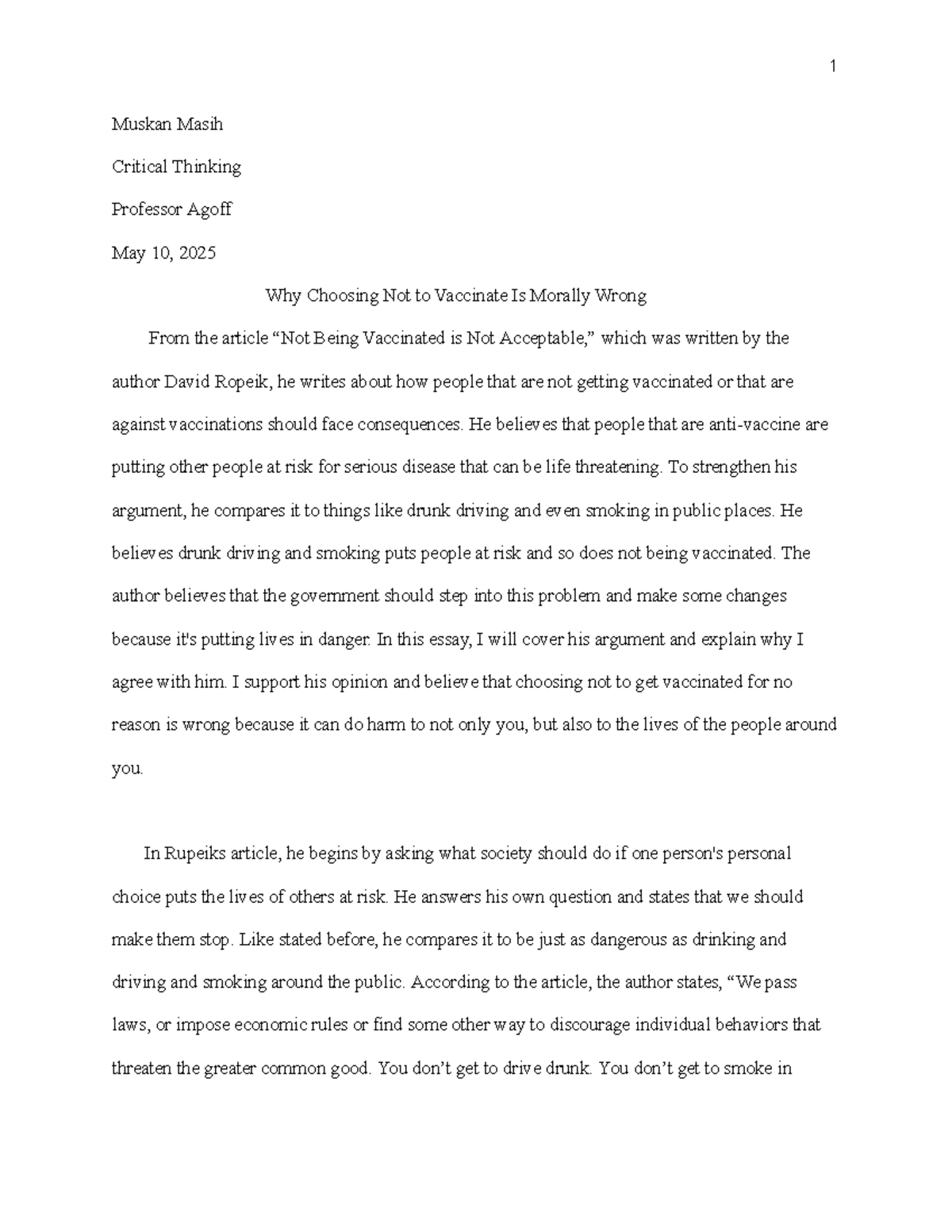 Writing Assignment #4: Critical Analysis of Vaccination Ethics (ENG 101 ...
