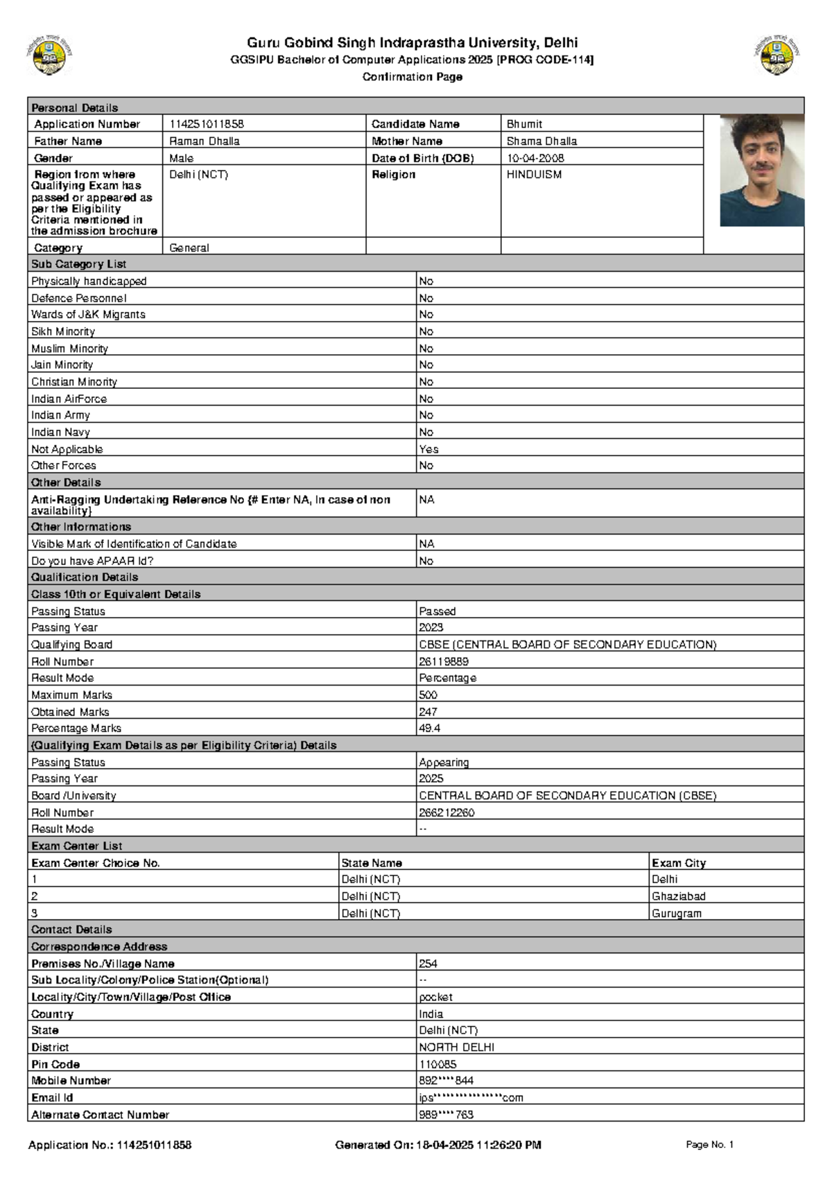 GGSIPU BCA 2025 Confirmation Page for Bhumit - Personal Details - Studocu