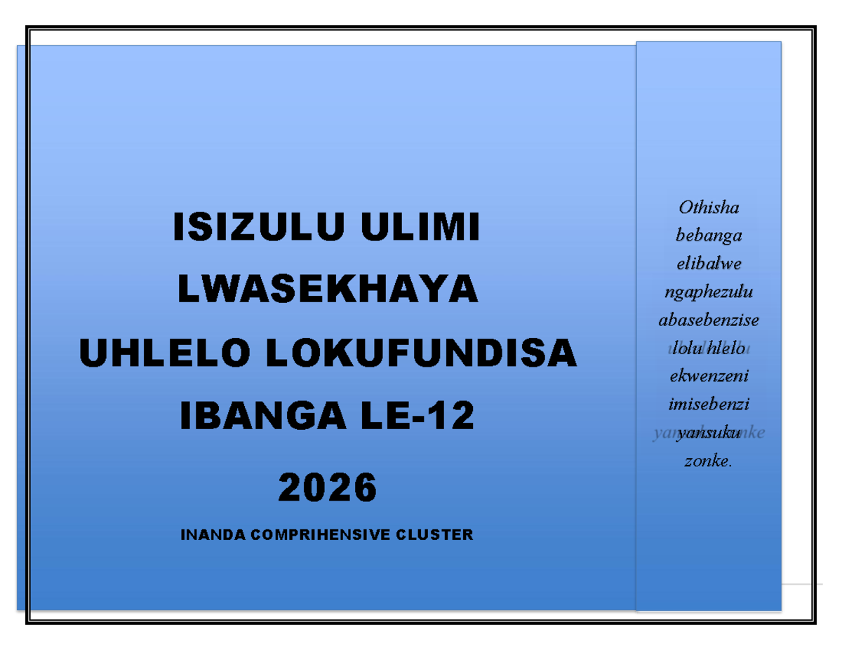 ISIZULU ULIMI LWASEKHAYA: UHLELO LOKUFUNDISA IBANGA 2026 - Studocu