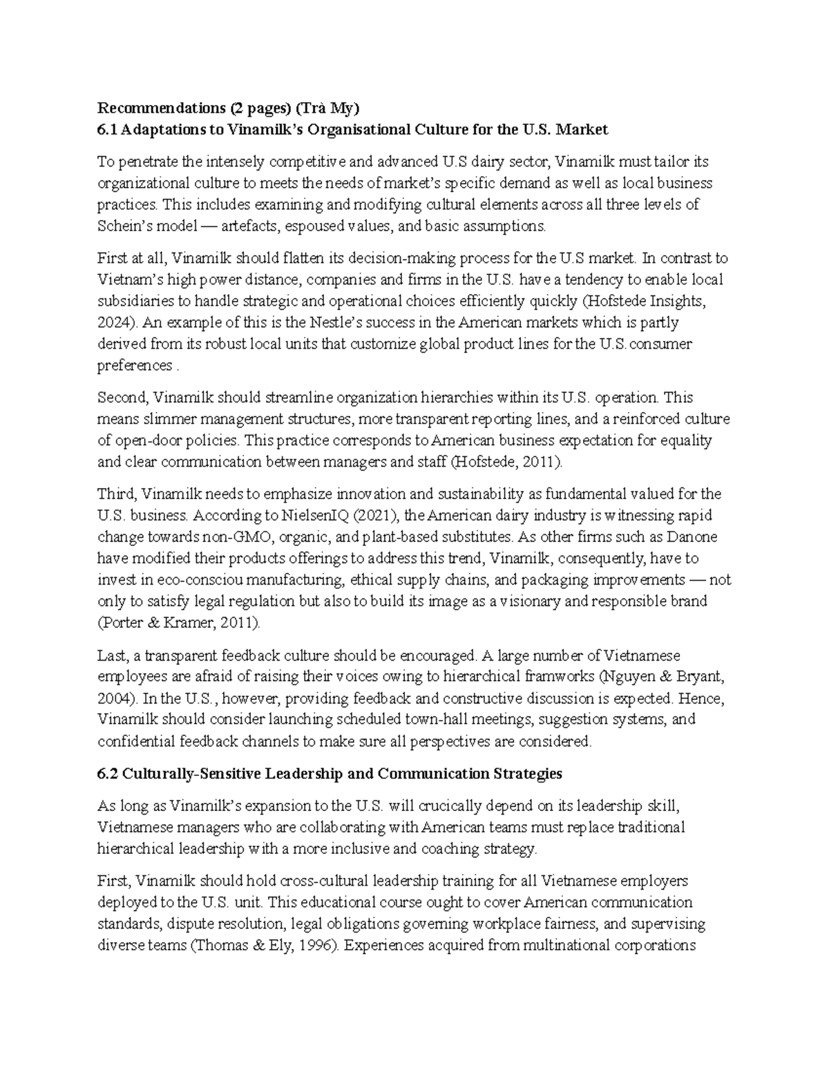 Recommendations for Vinamilk's U.S. Market Adaptation (6.1) - Studocu