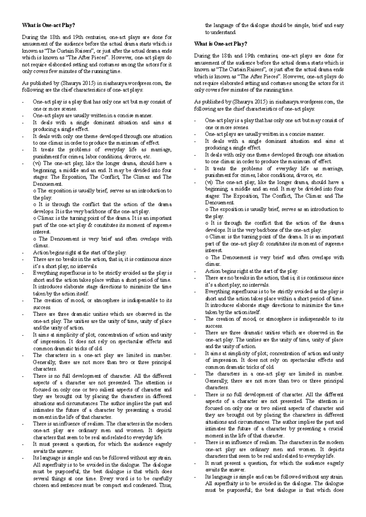 One-Act Play Characteristics and Structure: Understanding Drama - Studocu
