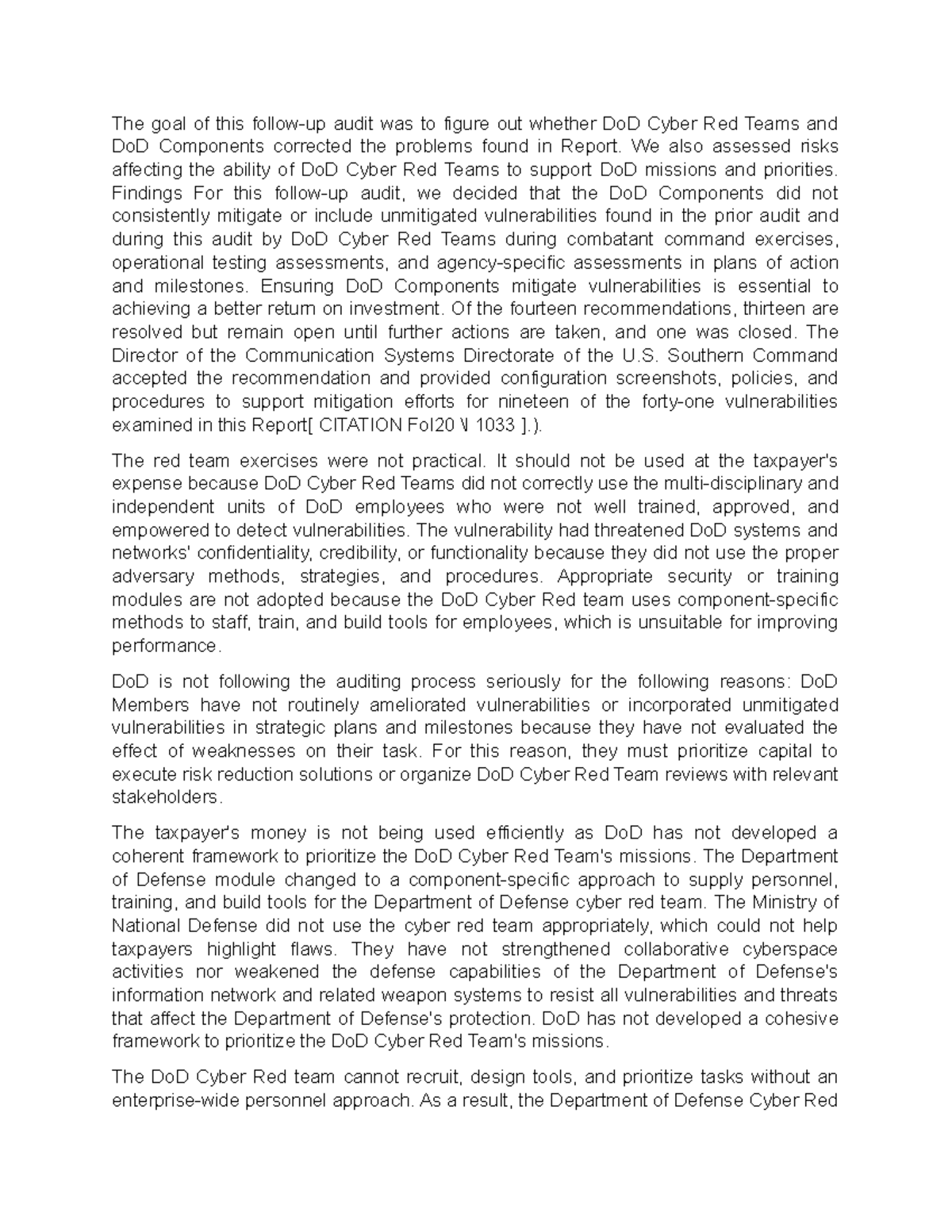 411D4 - Follow-up Audit on DoD Cyber Red Team Effectiveness - Studocu