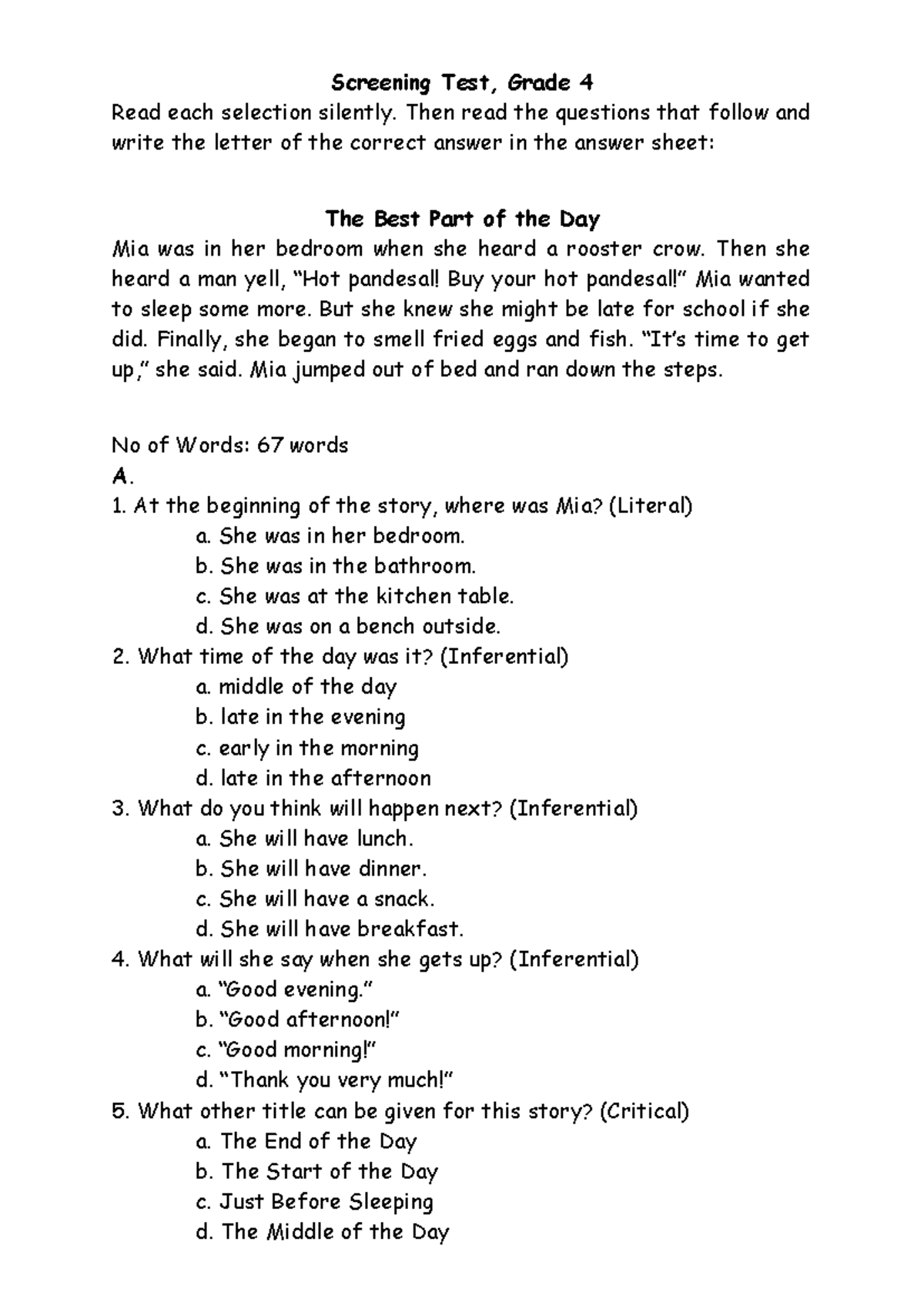Grade 4 Screening Test: 4 English Passages & Questions - Studocu