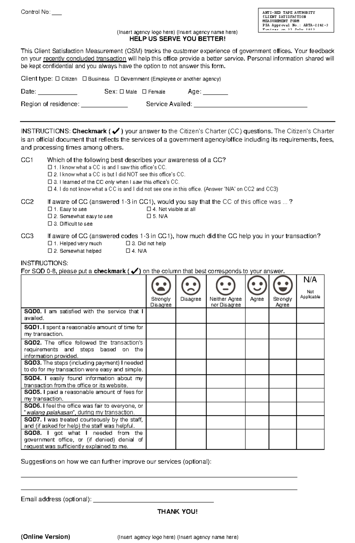 ARTA-MC-2022-05 CSM Questionnaire: Client Satisfaction Measurement Form ...