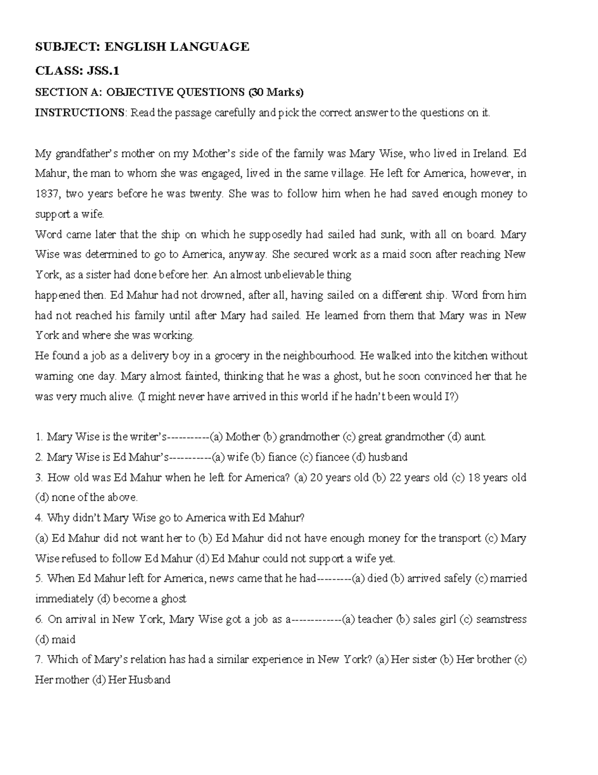 English Exam JSS1: Objective Questions & Comprehension Practice - Studocu