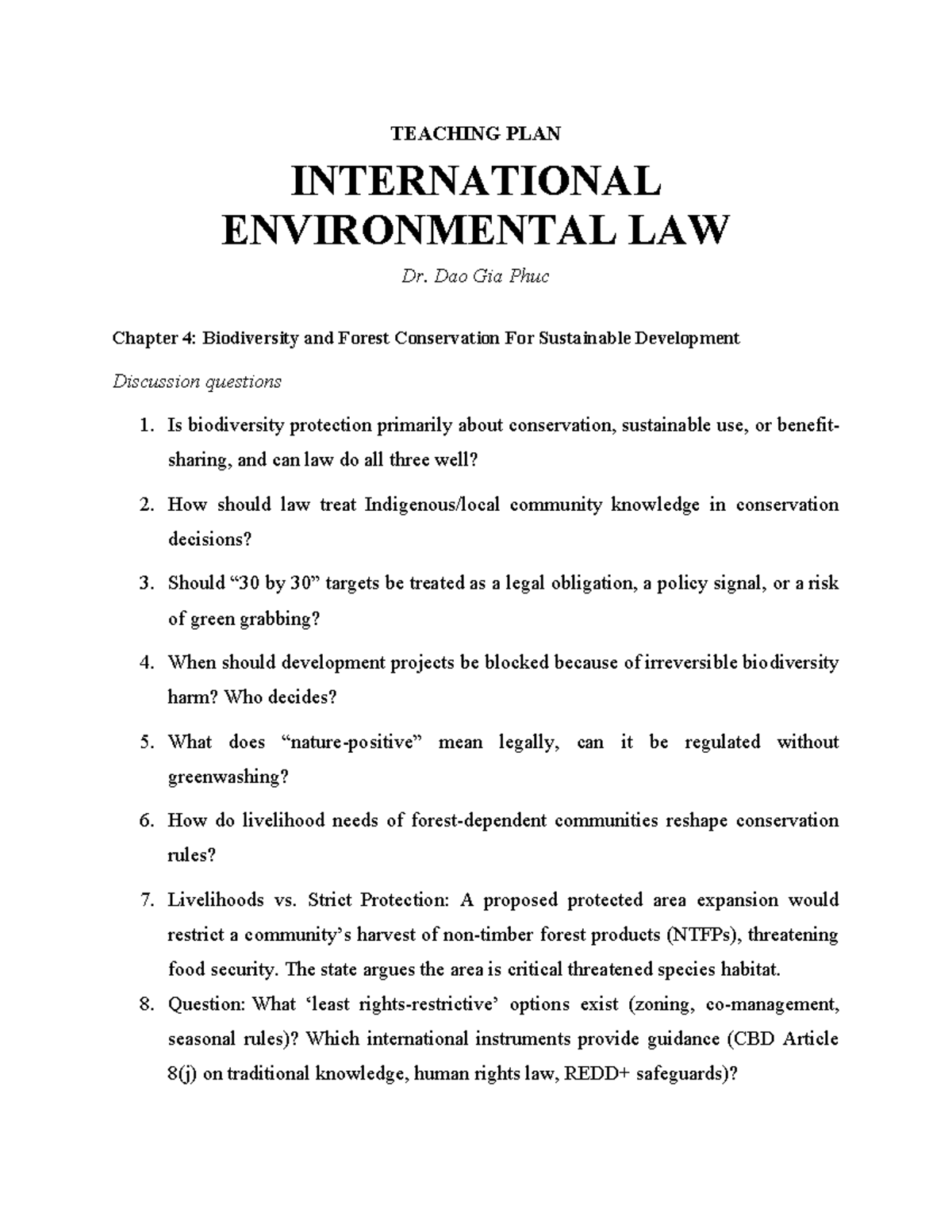 Teaching Plan: Int'l Environmental Law - Chapter 4 on Biodiversity ...
