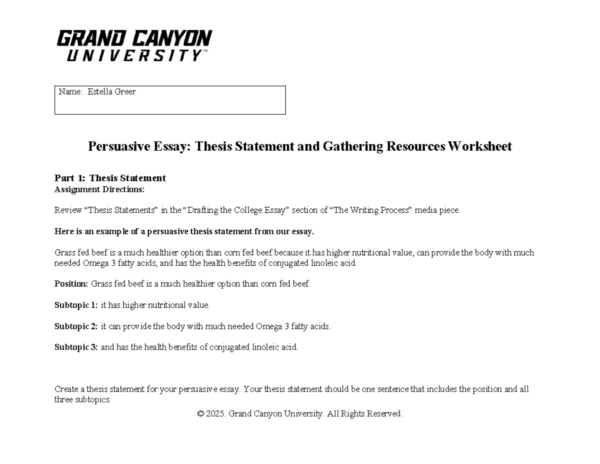 Completed PHI105 T3 Persuasive Essay Thesis Statement & Resources ...